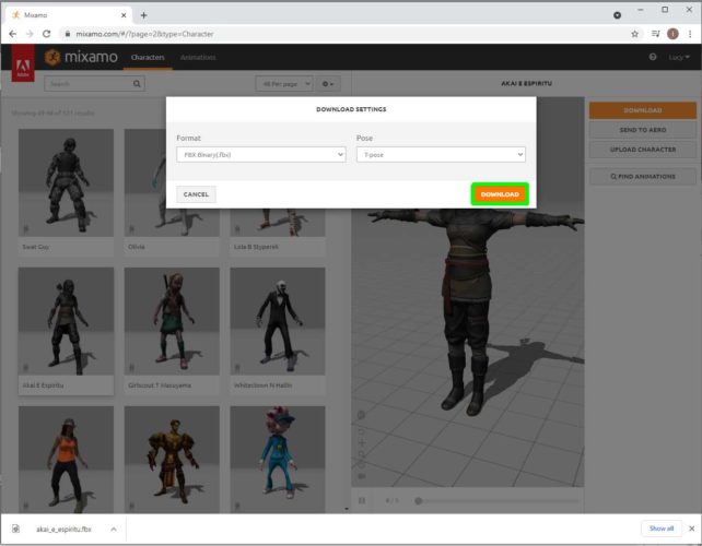 Downloading Mixamo Characters and Animations | Lucy's Tech Dev Blog