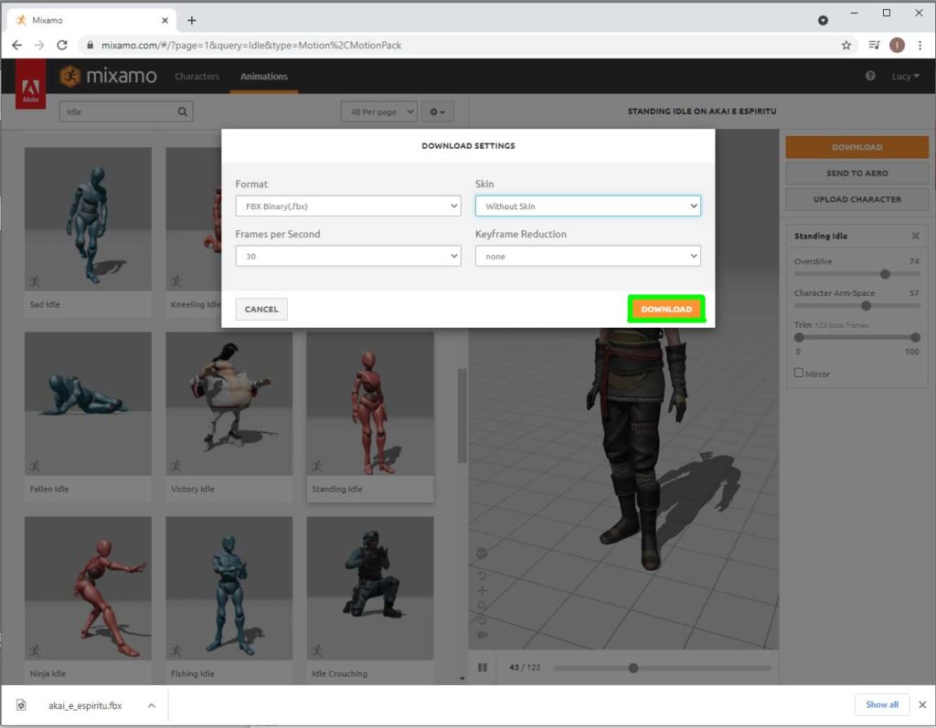 Downloading Mixamo Characters and Animations | Lucy's Tech Dev Blog